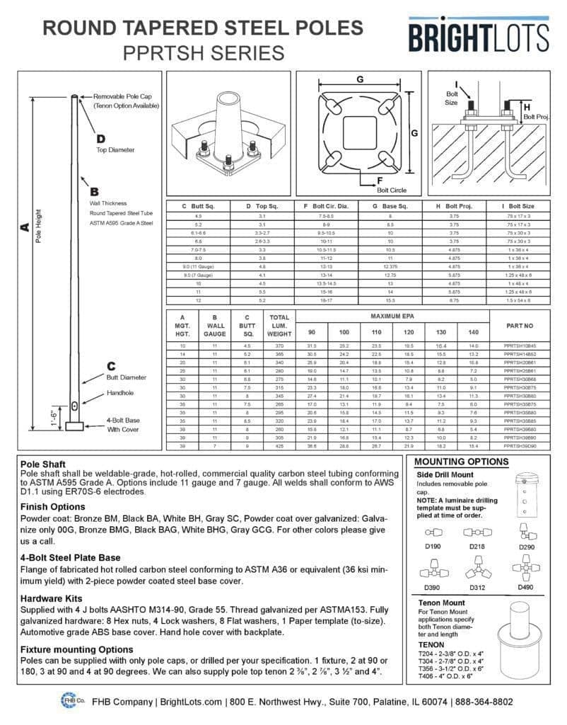 PPRTSH-30B80** 30 ft. 8″ Butt Diameter, 11 ga. Round Tapered Steel Pole ...