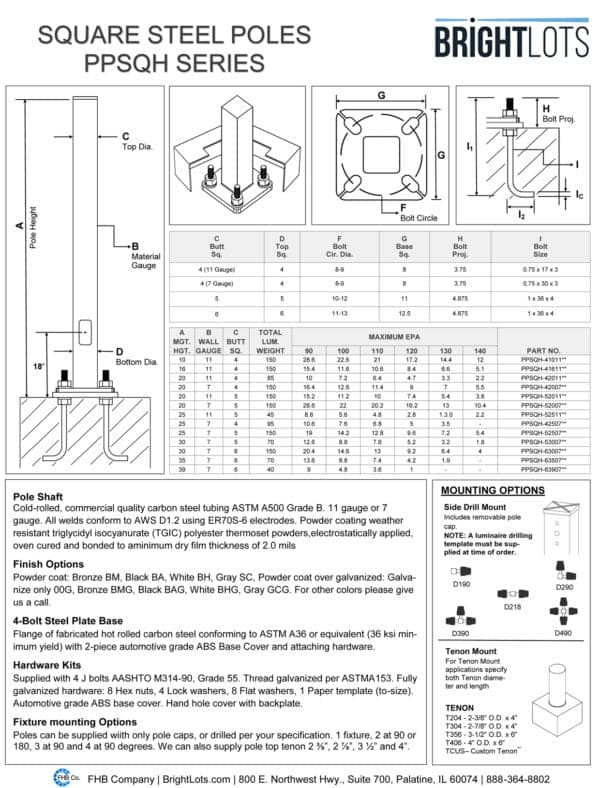 PPSQH-42007** 20 ft. Square Steel Pole - Parking Lot Lighting, Maintenance